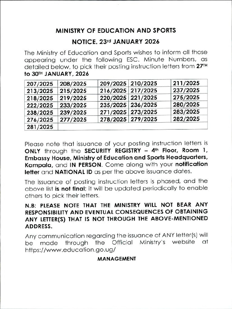 Posting Instruction Pickup Notice As of 23rd Jan 2026 | PDF