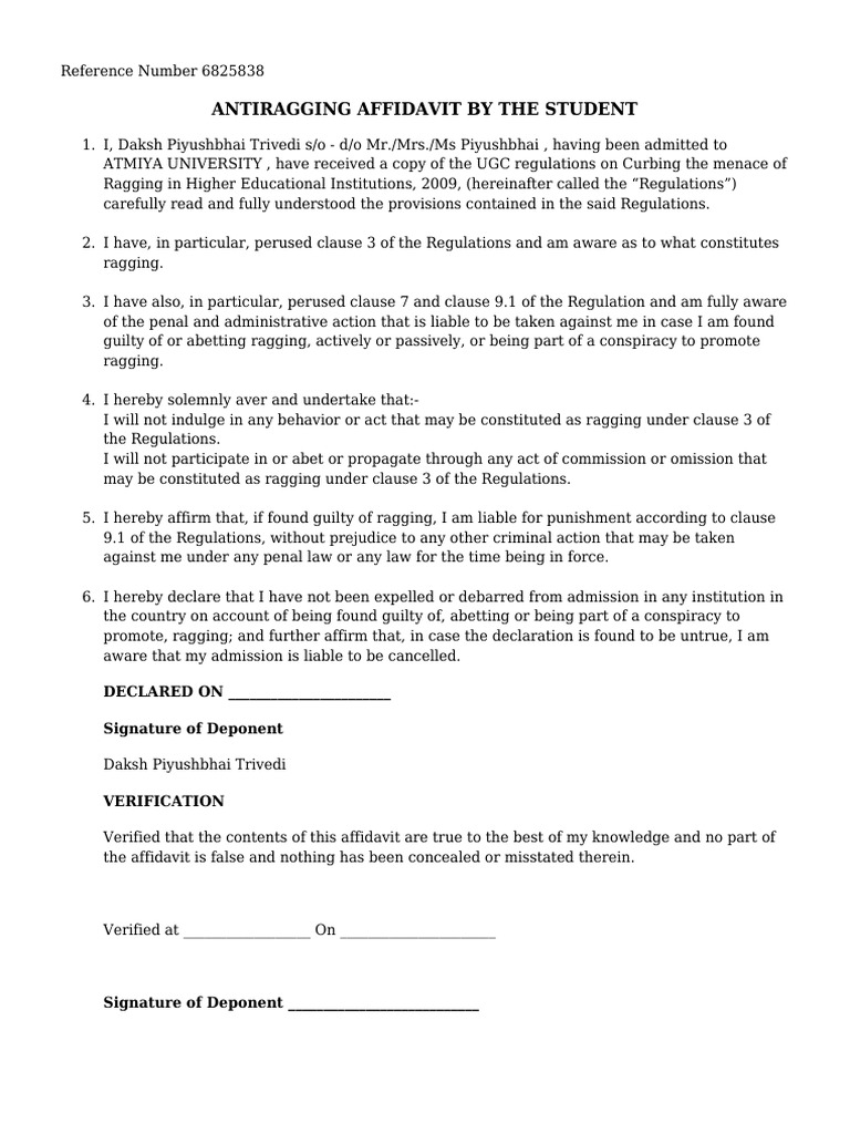 Anti Ragging Affidavit Form | PDF | Affidavit