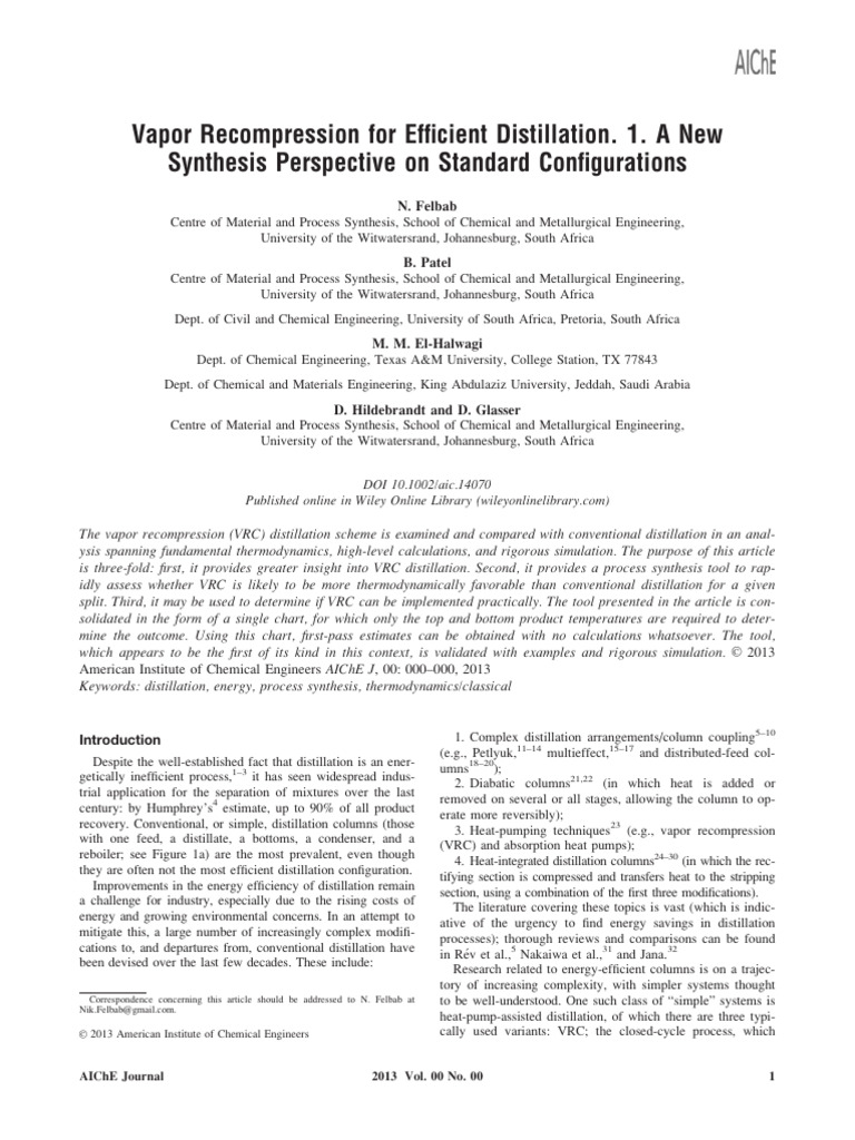 P18. Felbab 2013-Vapor Recompression for Efficient Distillation. 1. a ...