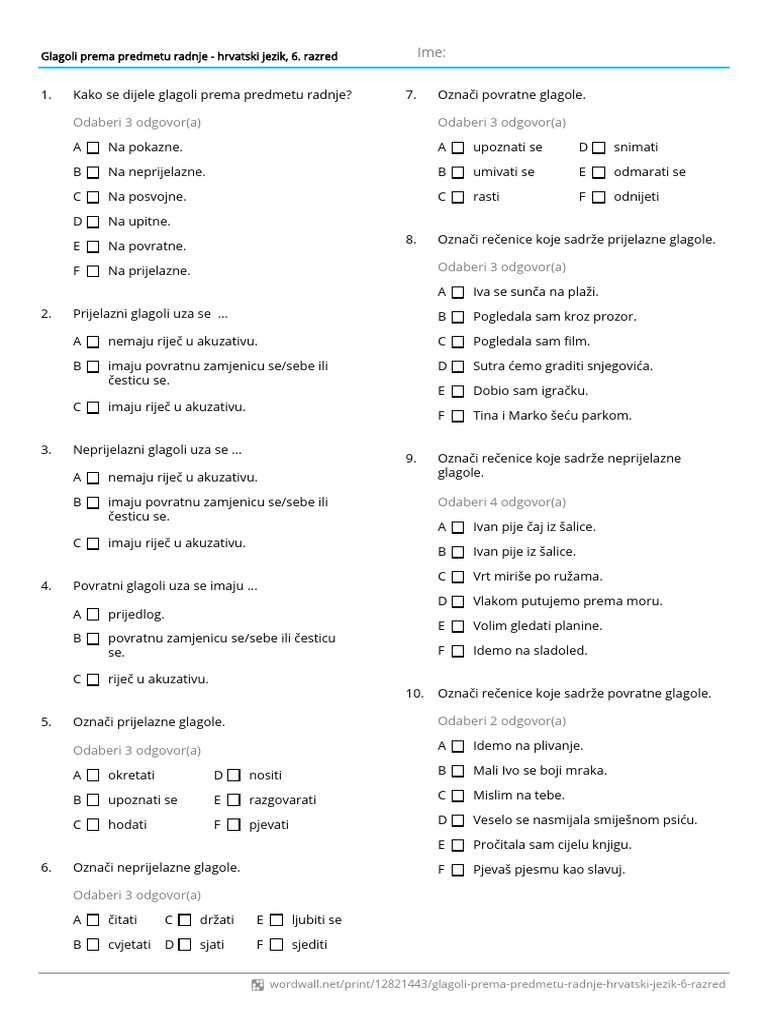 Glagoli Prema Predmetu Radnje Ispit Test | PDF