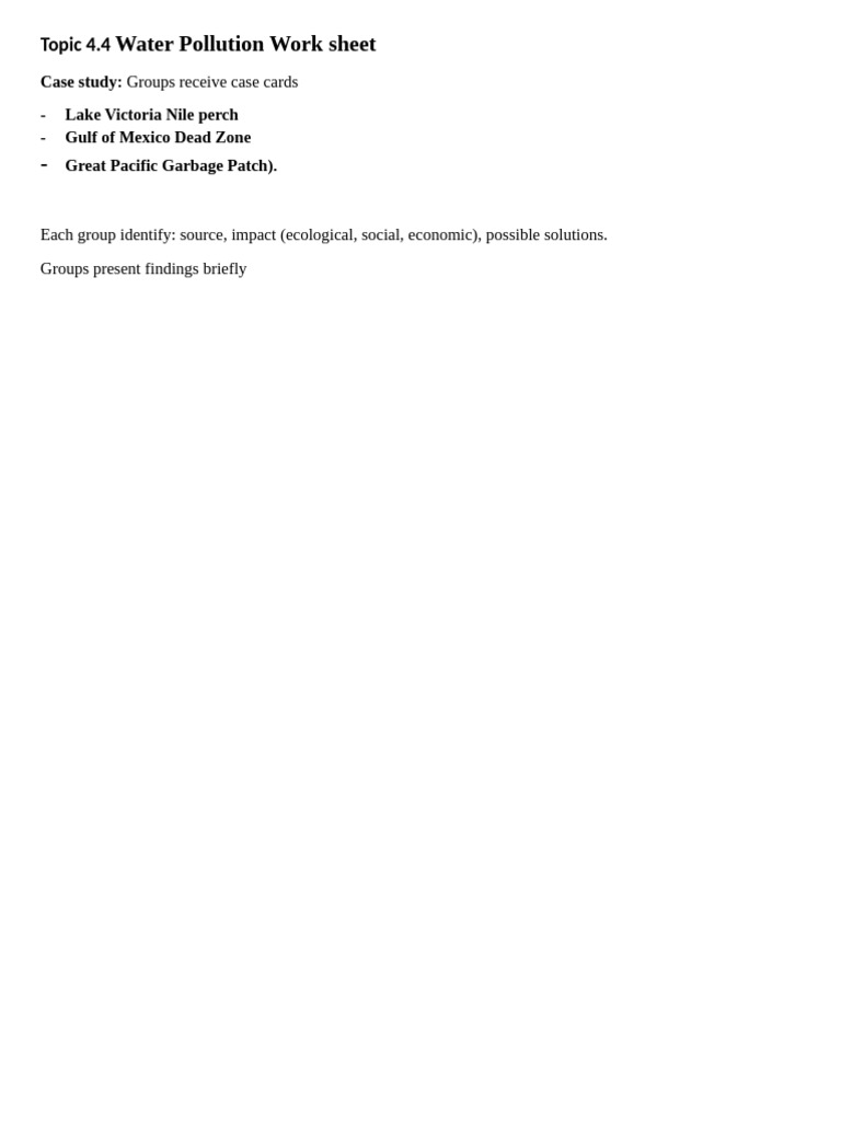 Topic 4.4 Water Pollution Work Sheet | PDF