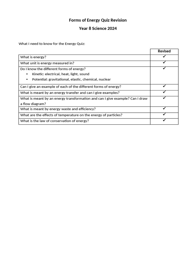 Forms of Energy Test Revision | PDF | Potential Energy | Physical ...