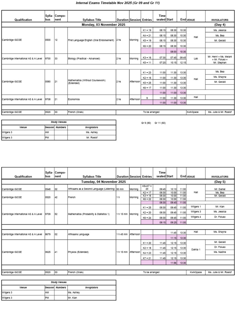 Internal Exams Timetable Nov 2025 (GR 09 & 11) | PDF | Educational ...