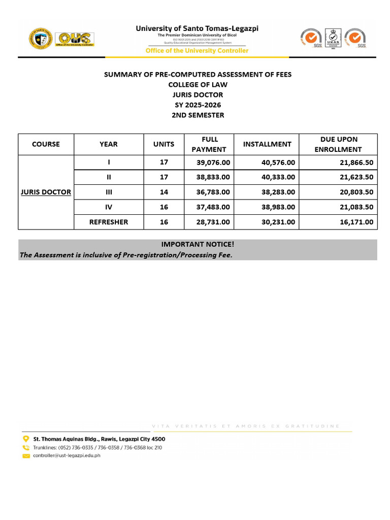 Law-Precomputed Assessment of Fees 2nd Sem Sy 2025-2026 | PDF