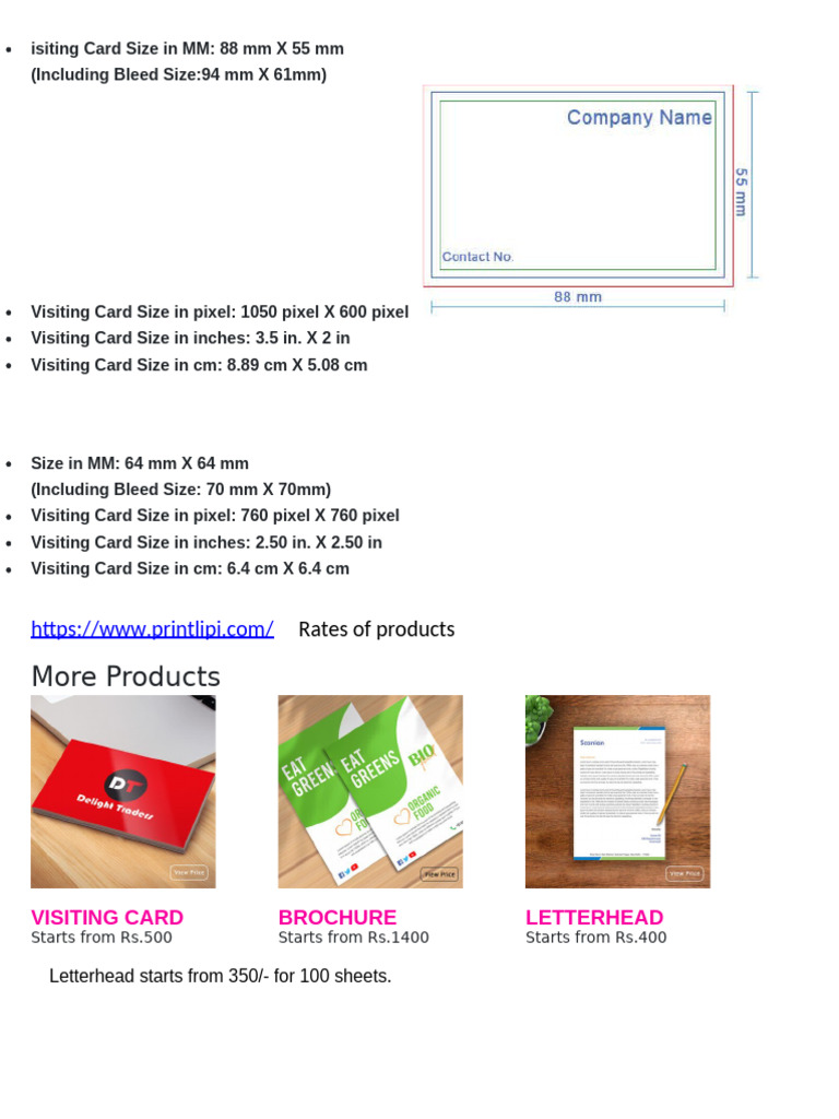 Standard Sizes of V Card, Letterhead Brochures Etc | PDF