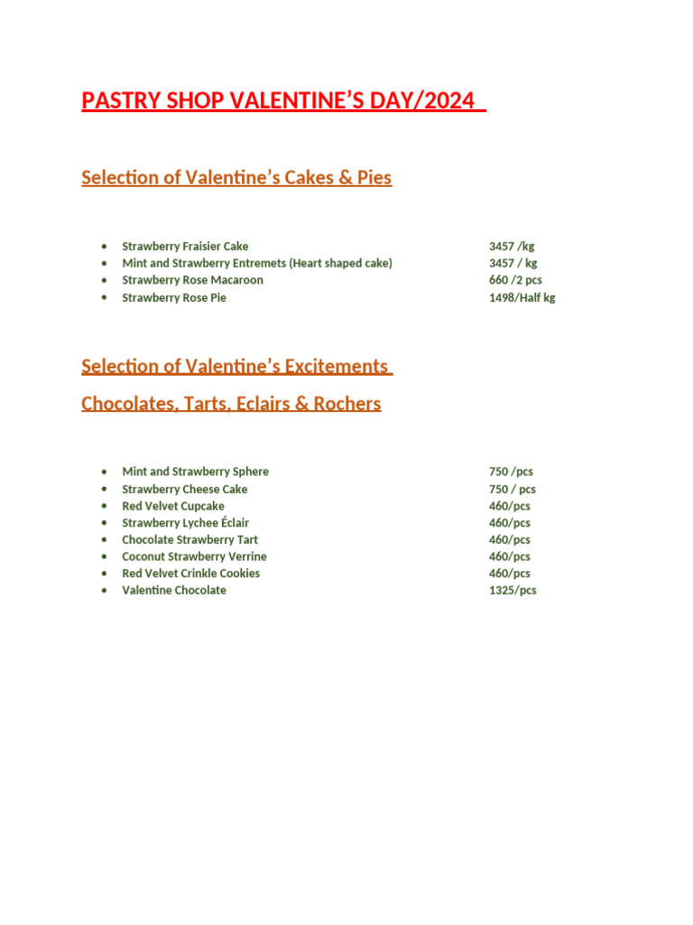 Valentines Pastry Shop Menu 2024 | PDF