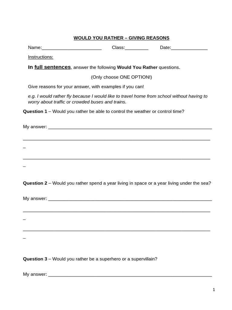 Would You Rather English Worksheet | PDF