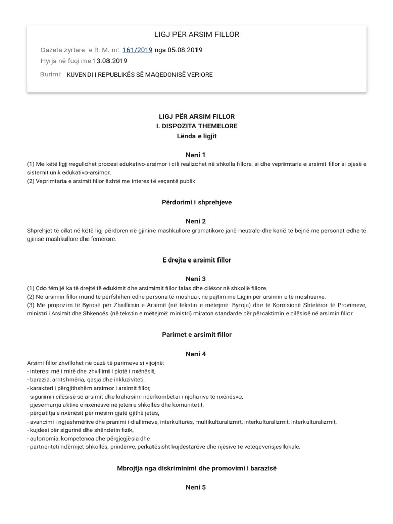 Ligj Për Arsim Fillor | PDF