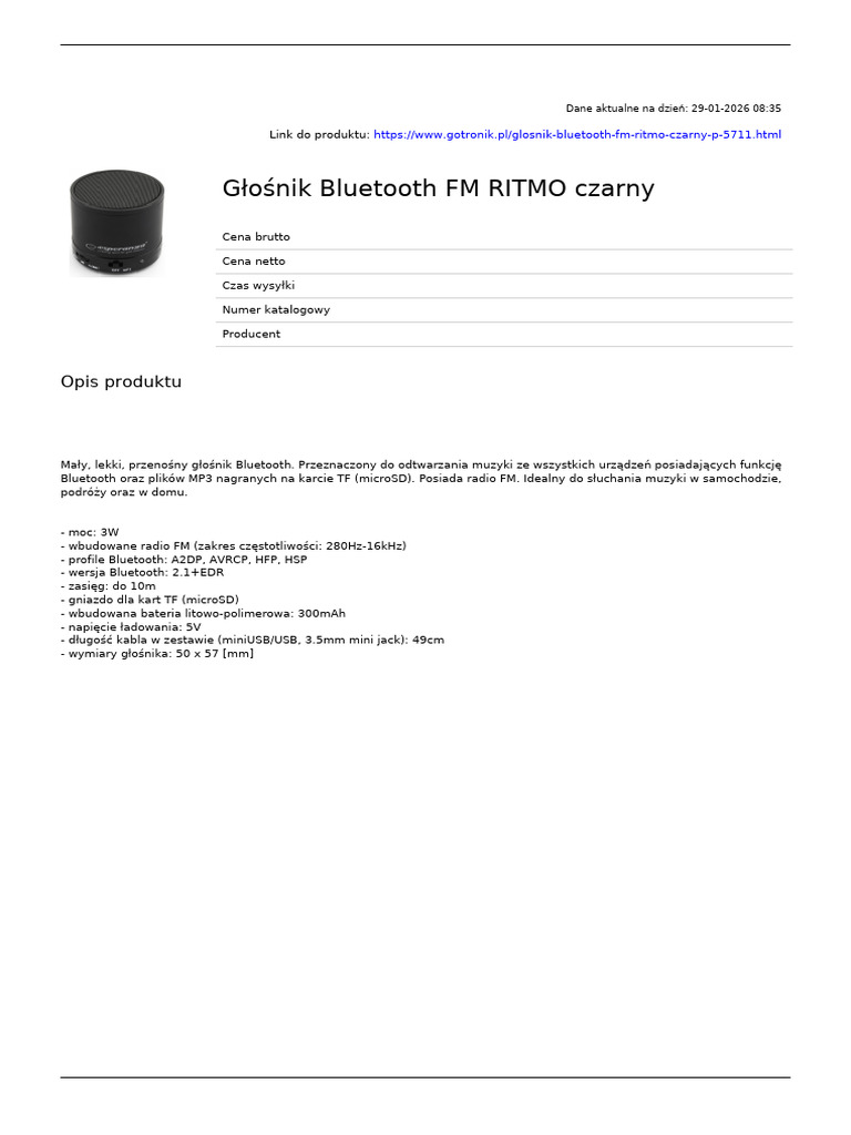 Glosnik Bluetooth FM Ritmo Czarny | PDF