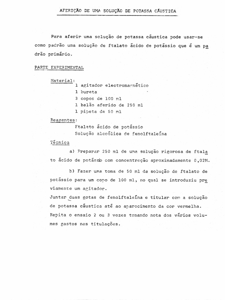 Técnica Laboratorial: AFERIÇÃO DE UMA SOLUÇÃO DE POTASSA CÁUSTICA (KOH ...