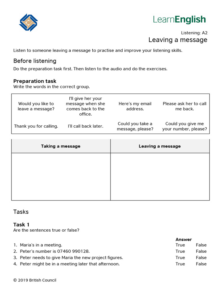 3 LearnEnglish Listening A2 Leaving a Message | PDF