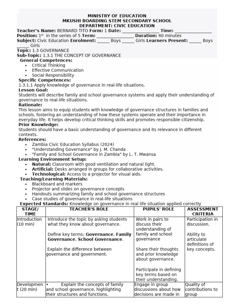Governance Civic Education Form 1 Lesson Plans | PDF | Governance ...