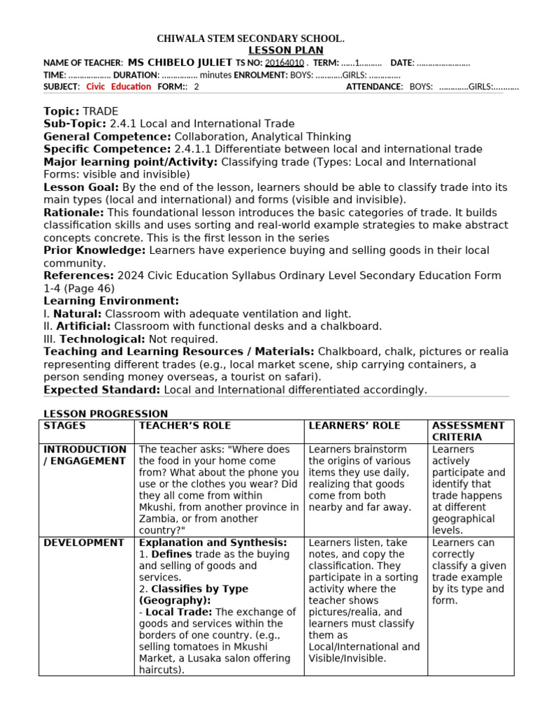 Trade Civic Eduction Form 2 Lesson Plans | PDF | Learning | World Trade ...