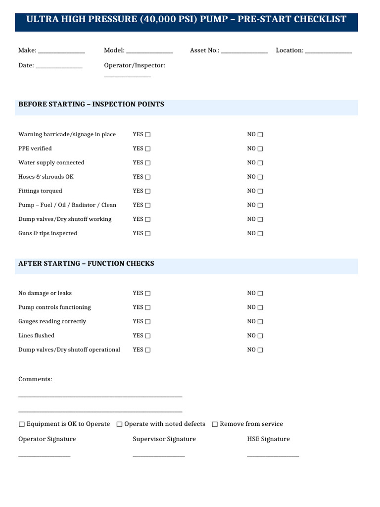 UHP Pump Checklist OnePage Improved | PDF