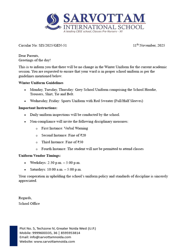 Circular 51 - Winter School Uniform | PDF