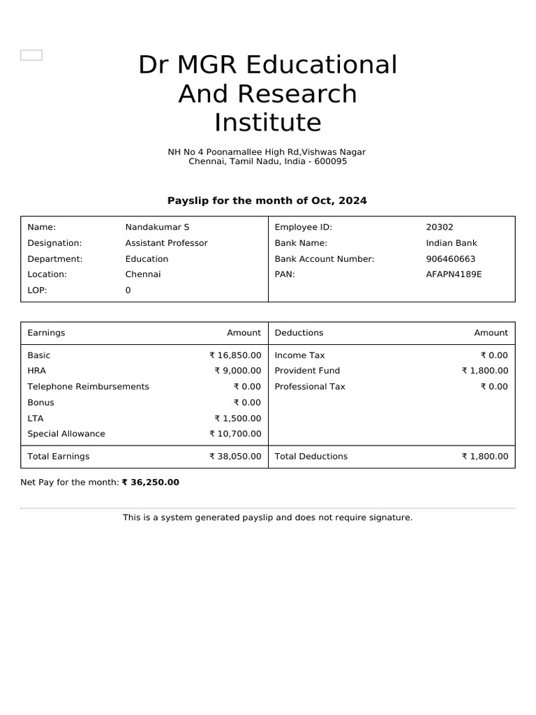 Nandakumar PaySlip 10 2024 | PDF
