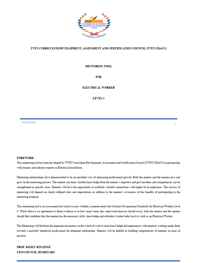 Electrical Worker Level 4 Mentoring Tool_Cycle 3 | PDF | Mentorship ...