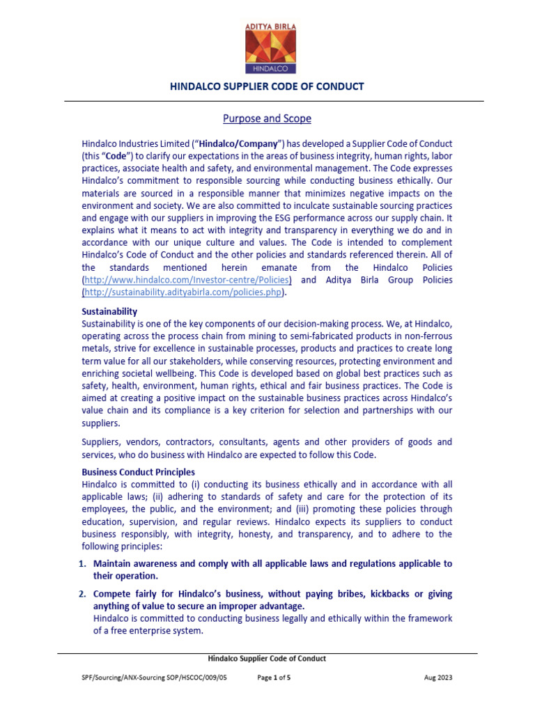 Hindalco Supplier Code of Conduct | PDF | Bribery | Occupational Safety ...