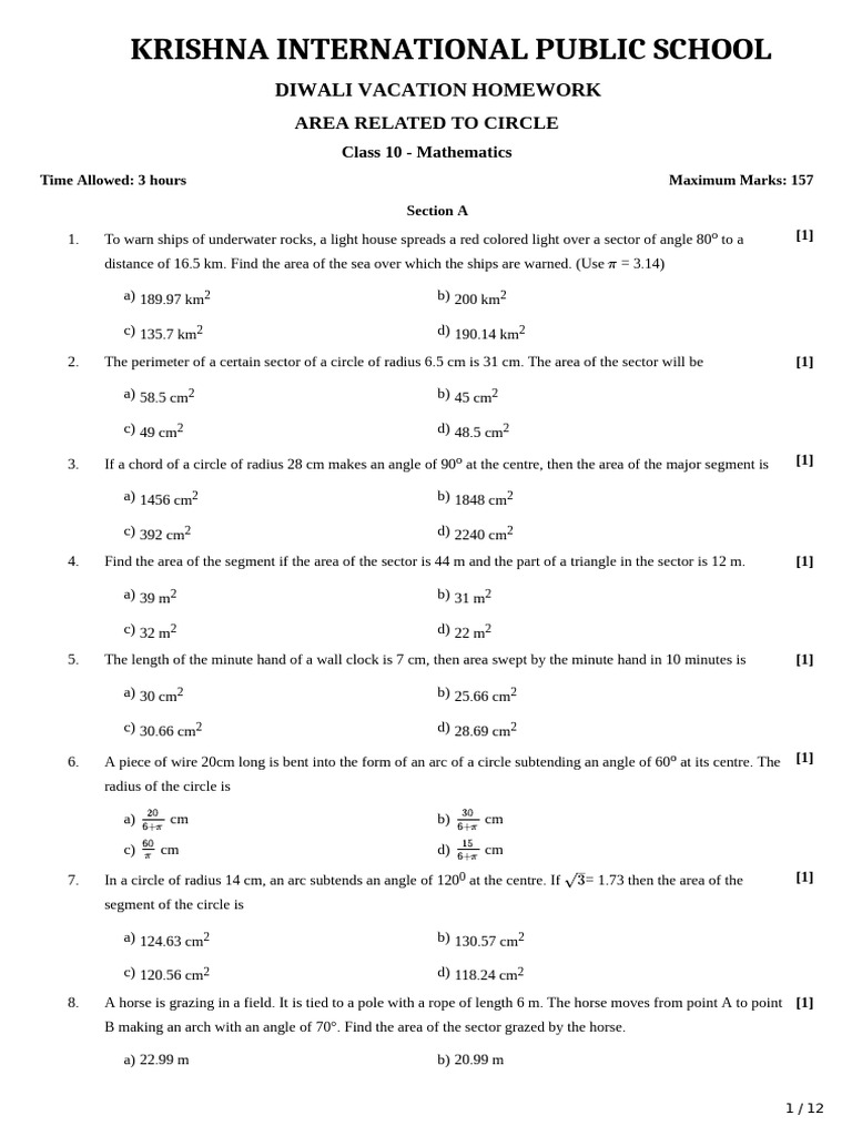 Diwaki Vacation Homework 10 | PDF | Circle | Area