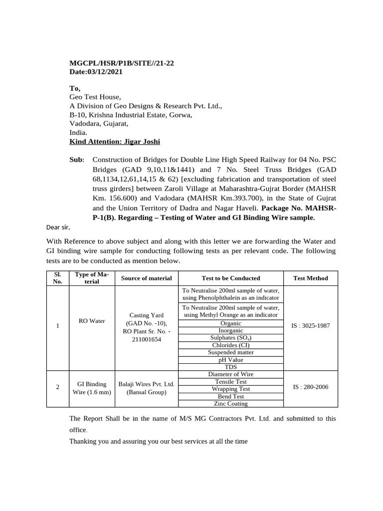 Draft Letter for Binding Wire & RO Water | PDF