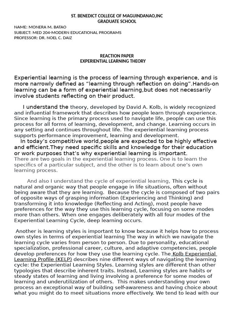 Reaction Paper-Experiential Learning | PDF | Learning Styles | Learning