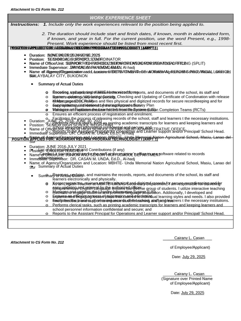 CS Form No. 212 Attachment - Work Experience Sheet | PDF | Learning ...