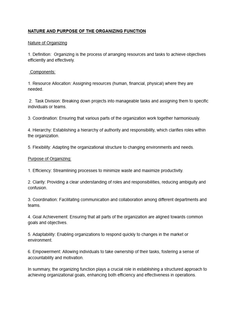 Nature and Purpose of Organizing Function | PDF | Motivational | Motivation