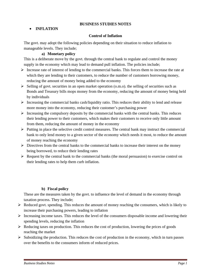 Form Four Business Notes | PDF | Inflation | Money