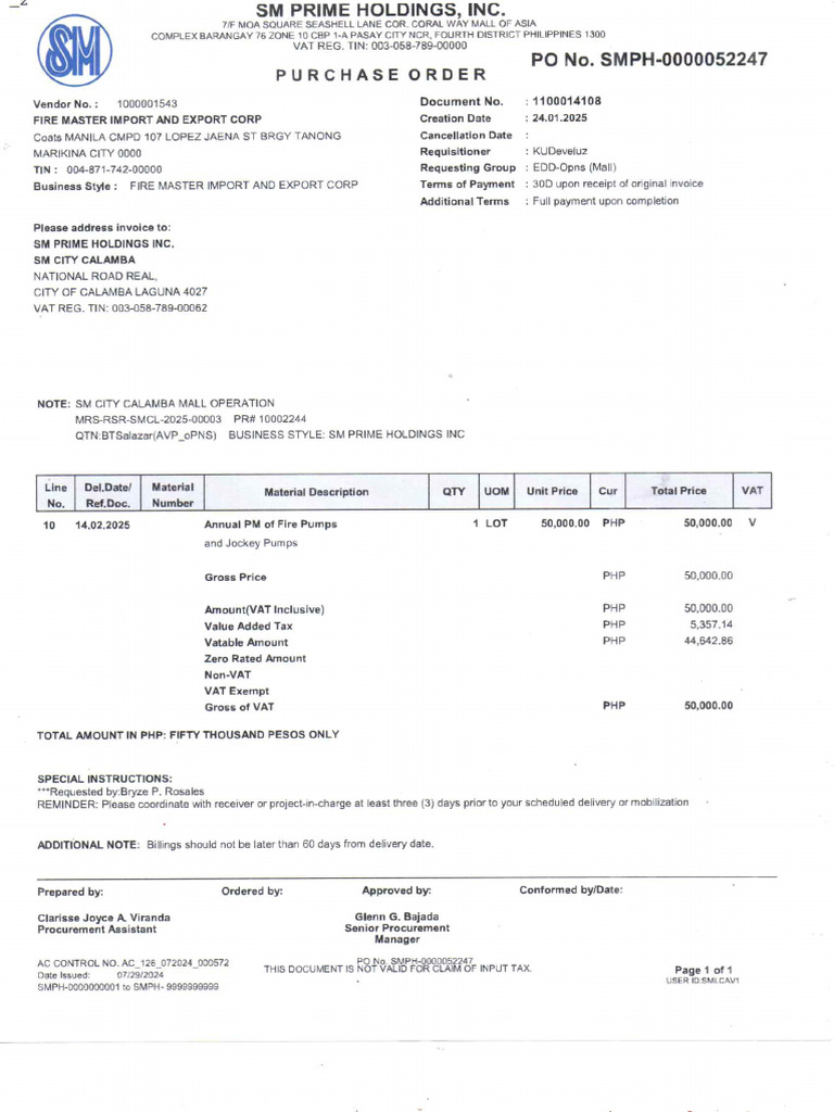 Po 1100014108 Sm City Calamba | PDF