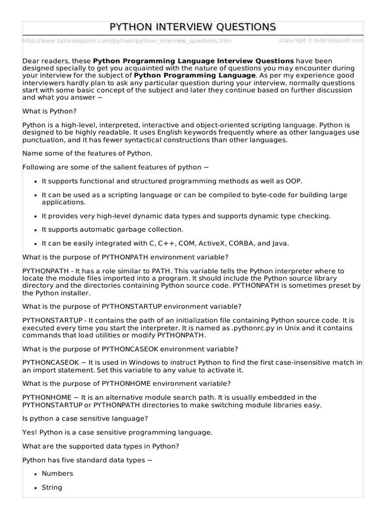 Python Interview Questions and Answers | PDF | Control Flow | Python ...