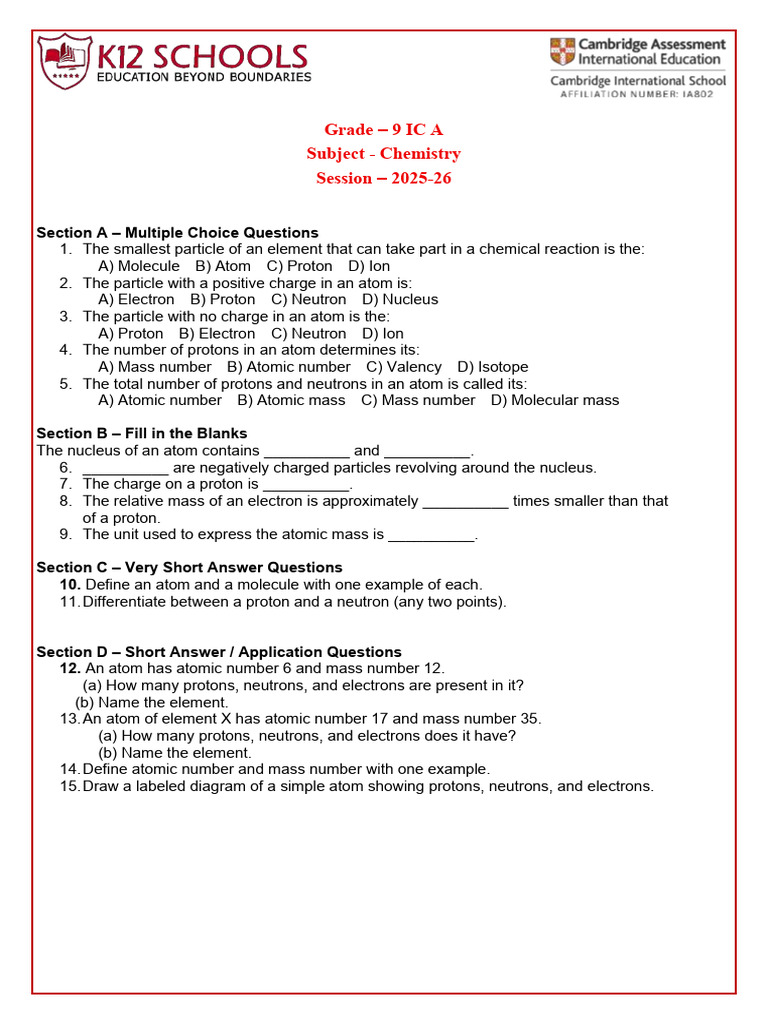 Worksheet On Atomic Structure | PDF