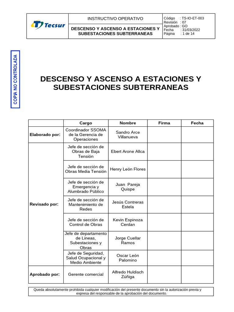 TS-IO-ET-003 (07) Descenso y Ascenso a Subestaciones Subterráneas | PDF ...