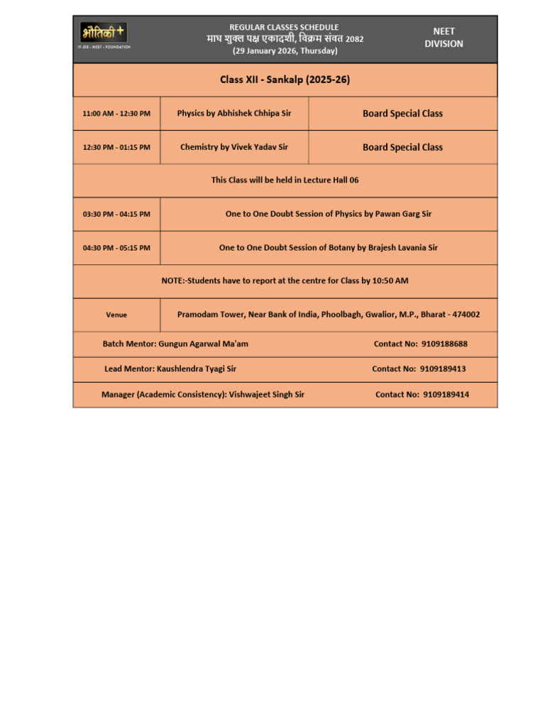 Regular Classes Schedule - Class XII Sankalp (29!01!2026) | PDF