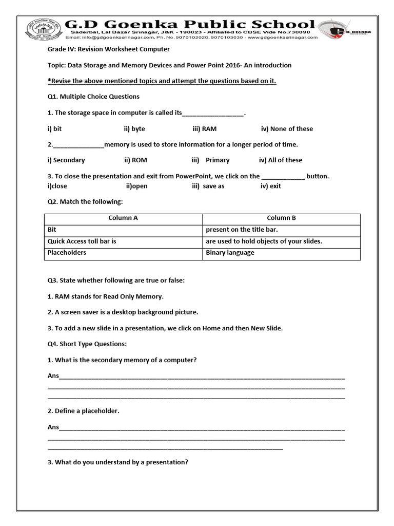 Grade IV Computer Revision Worksheet July 2024 | PDF | Computer Data ...