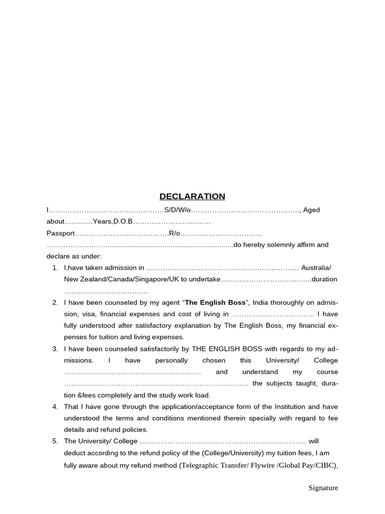 Student Declaration | PDF | Cost Of Living | Travel Visa