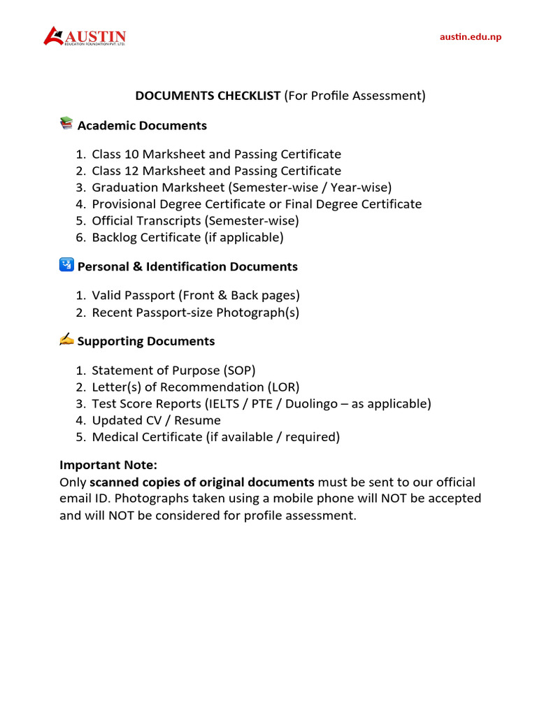 Austin - Student - S Documents Checklist | PDF