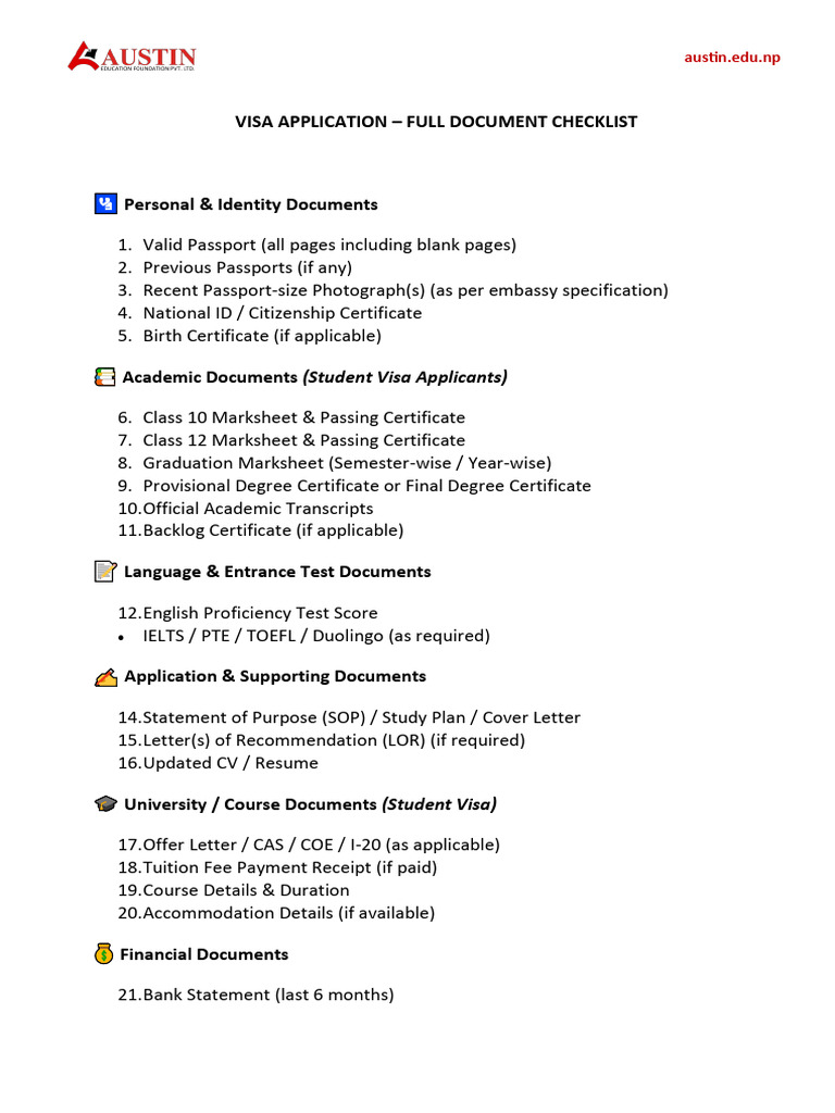 Austin - Visa Lodgement Checklist | PDF | Travel Visa | Birth Certificate