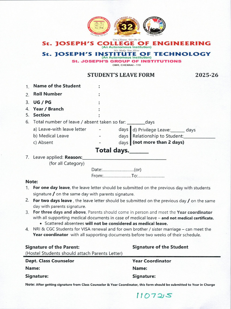Student's Leave Form | PDF