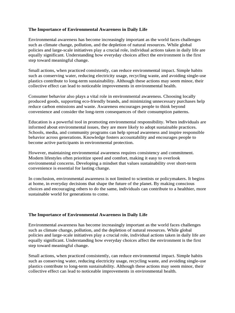 The Importance of Environmental Awareness in Daily Life | PDF ...