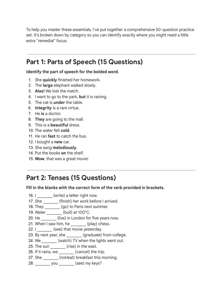 Grammar Practice_ Parts of Speech, Tenses, Voice | PDF | Semantic Units ...