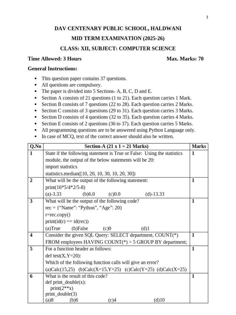 Computer Science Class Xii Question Paper Mid Term Examination 2025-26 ...