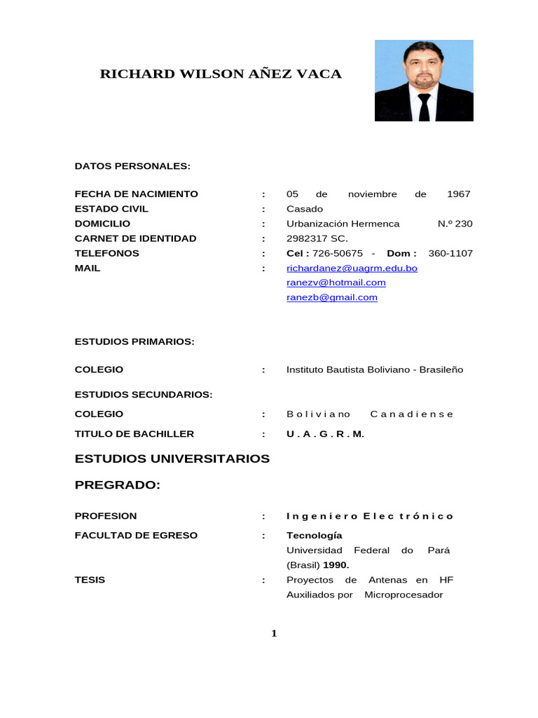 Curriculum Vitae P.hd. Richard Richard Añez Vaca 2026 Cadecruz | PDF ...