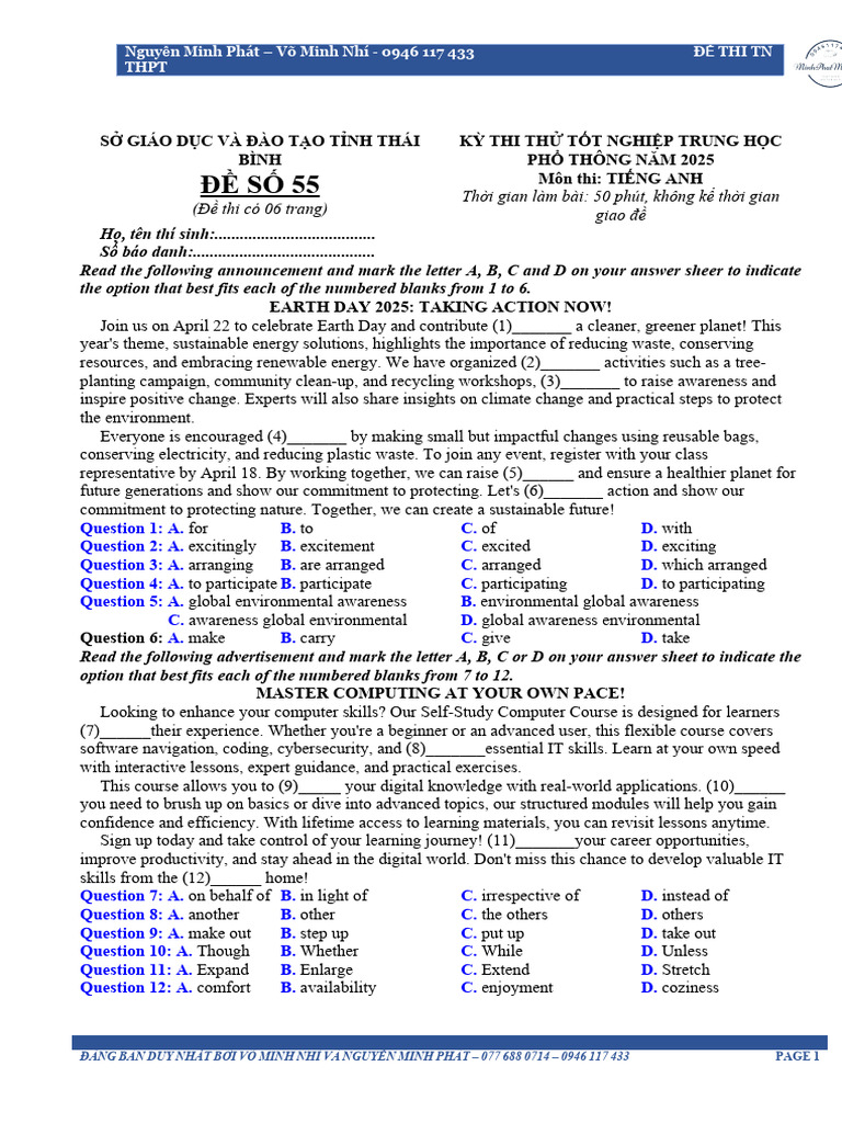 [TN.2025] ĐỀ SỐ 55 HS | PDF | Robot | Robotics