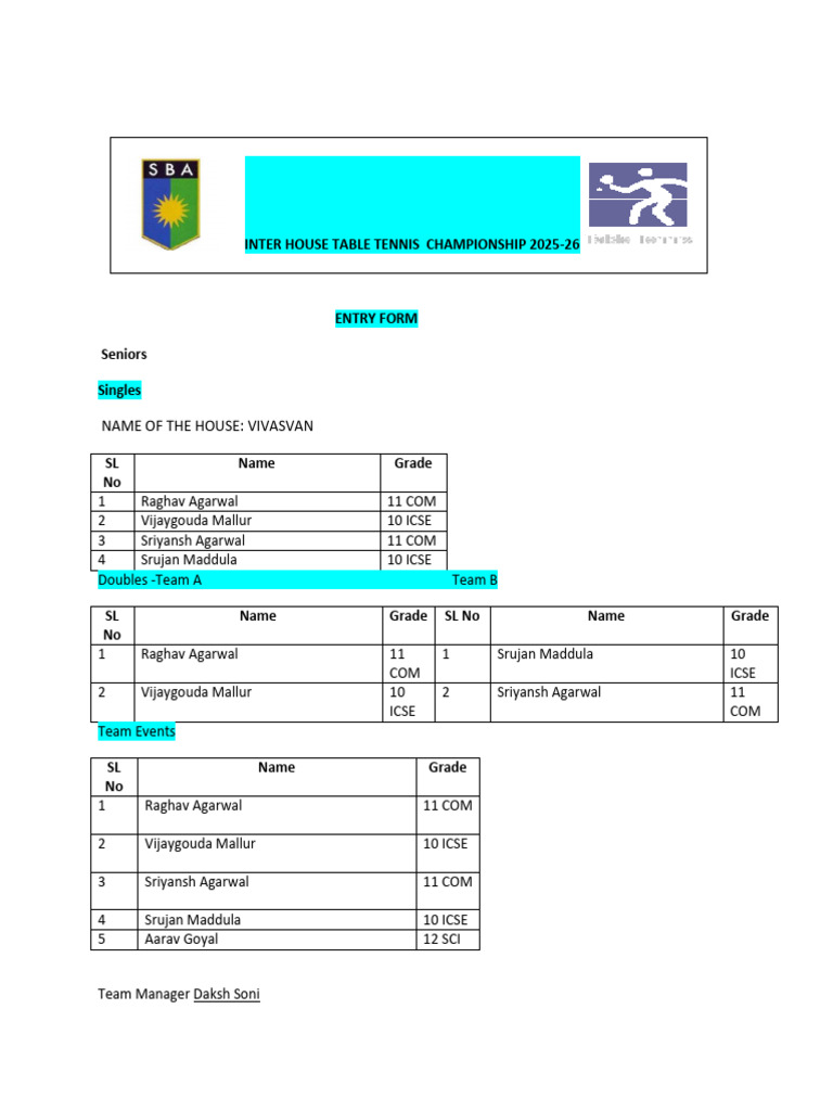 TT Entry Form - Seniors | PDF