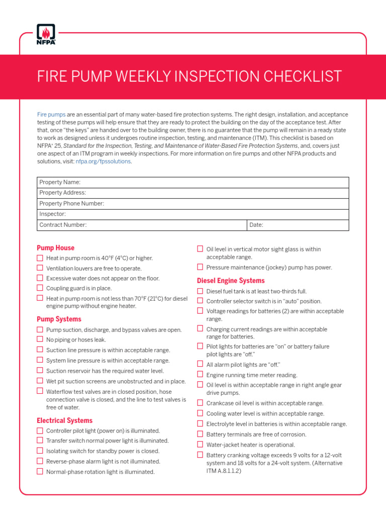 Fire Pump Inspection Checklist | PDF | Pump | Mechanical Engineering