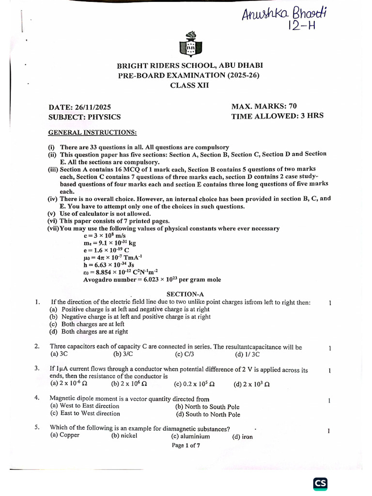 Physics Pre-Board I QP BRS (1) | PDF