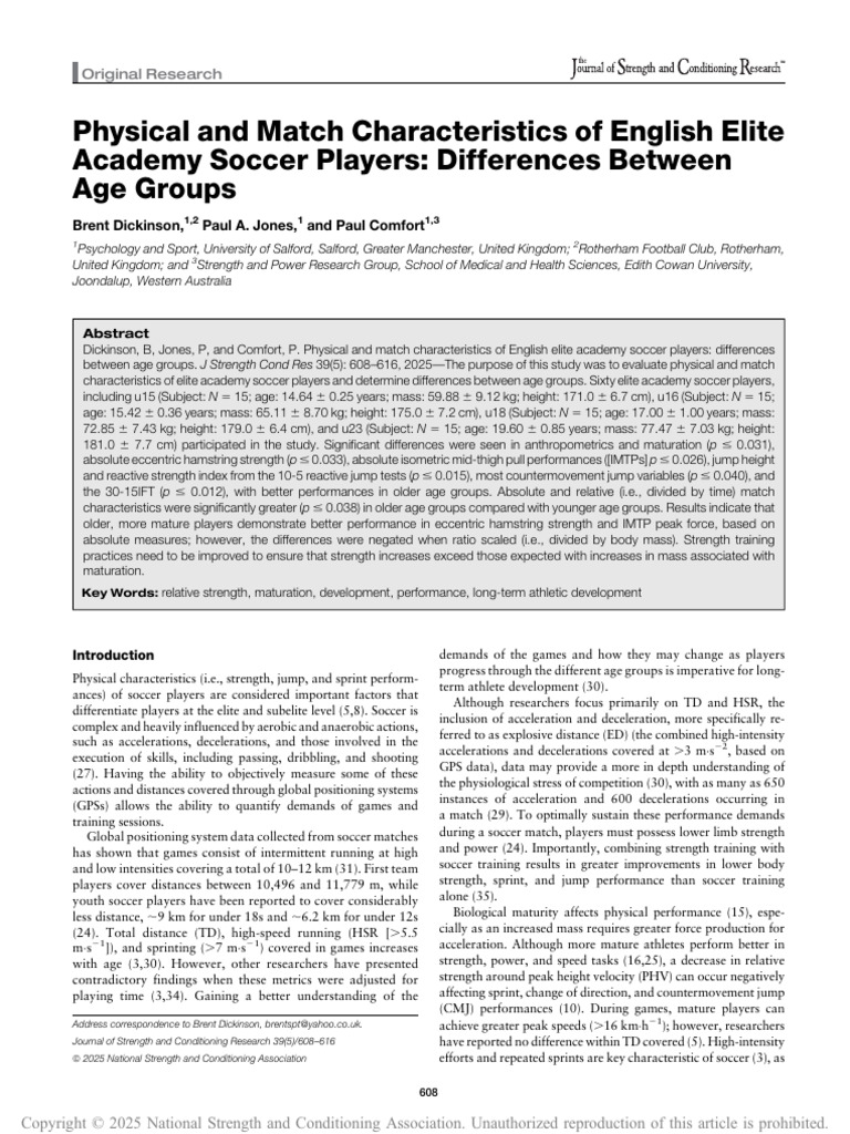 Dickinson Et Al. (2025) Physical and Match Characteristics of English ...