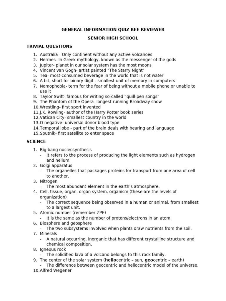 Shs General Information Quiz Bee | PDF | Chemical Elements