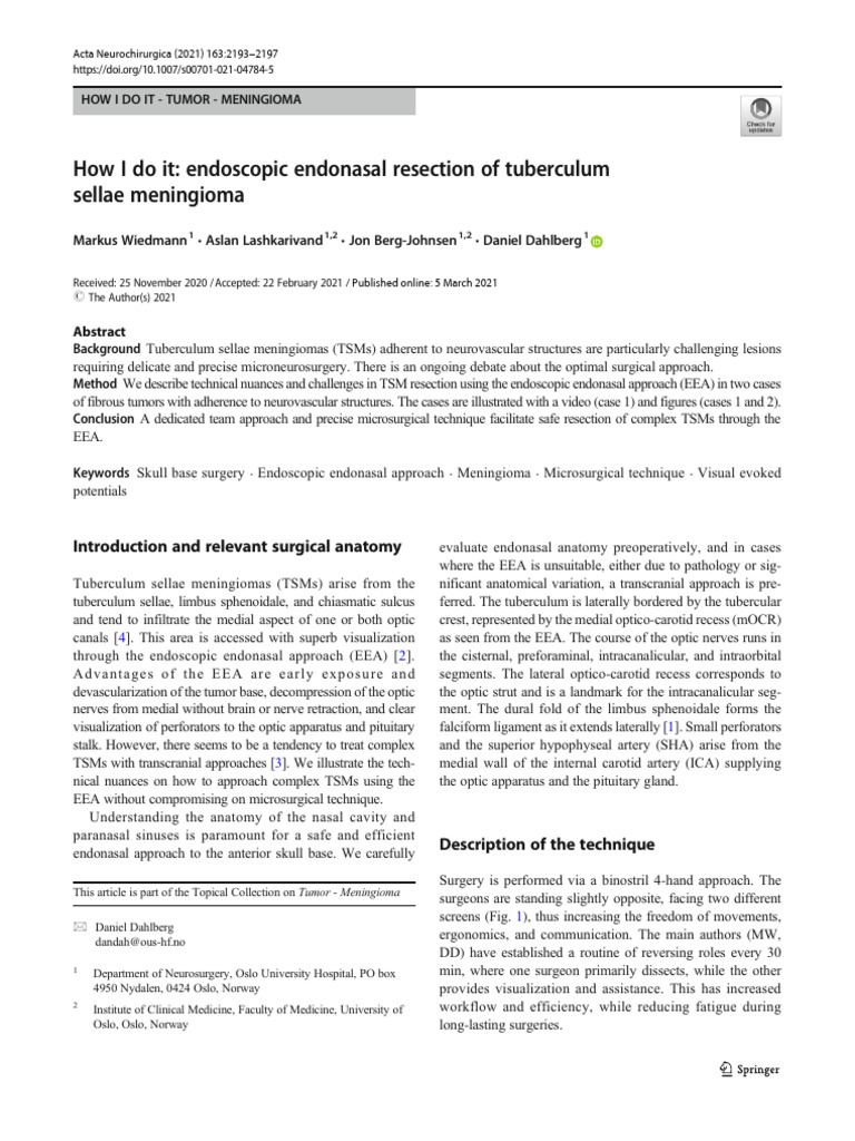 How I Do It- Endoscopic Endonasal Resection of Tuberculum Sellae ...