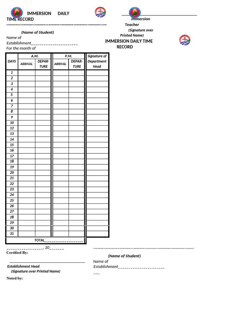 Immersion DTR Accomplishment Form 1 | PDF